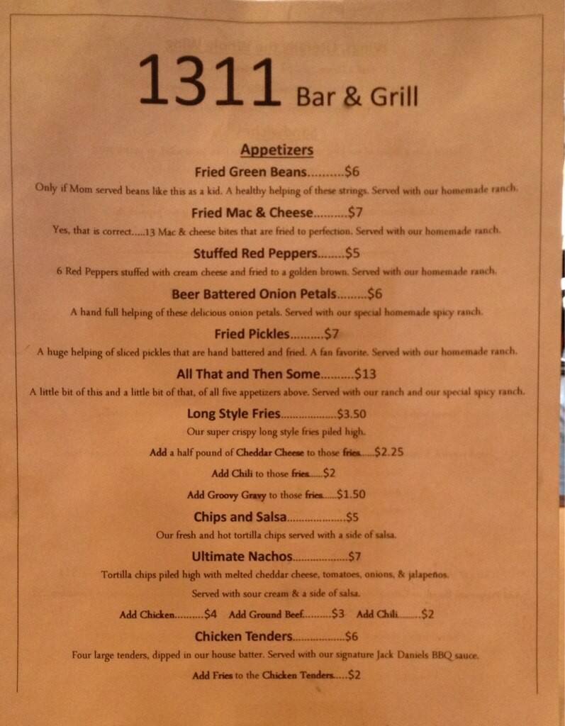 1311 Bar & Grill Menu, Menu for 1311 Bar & Grill, Vicksburg, Vicksburg ...