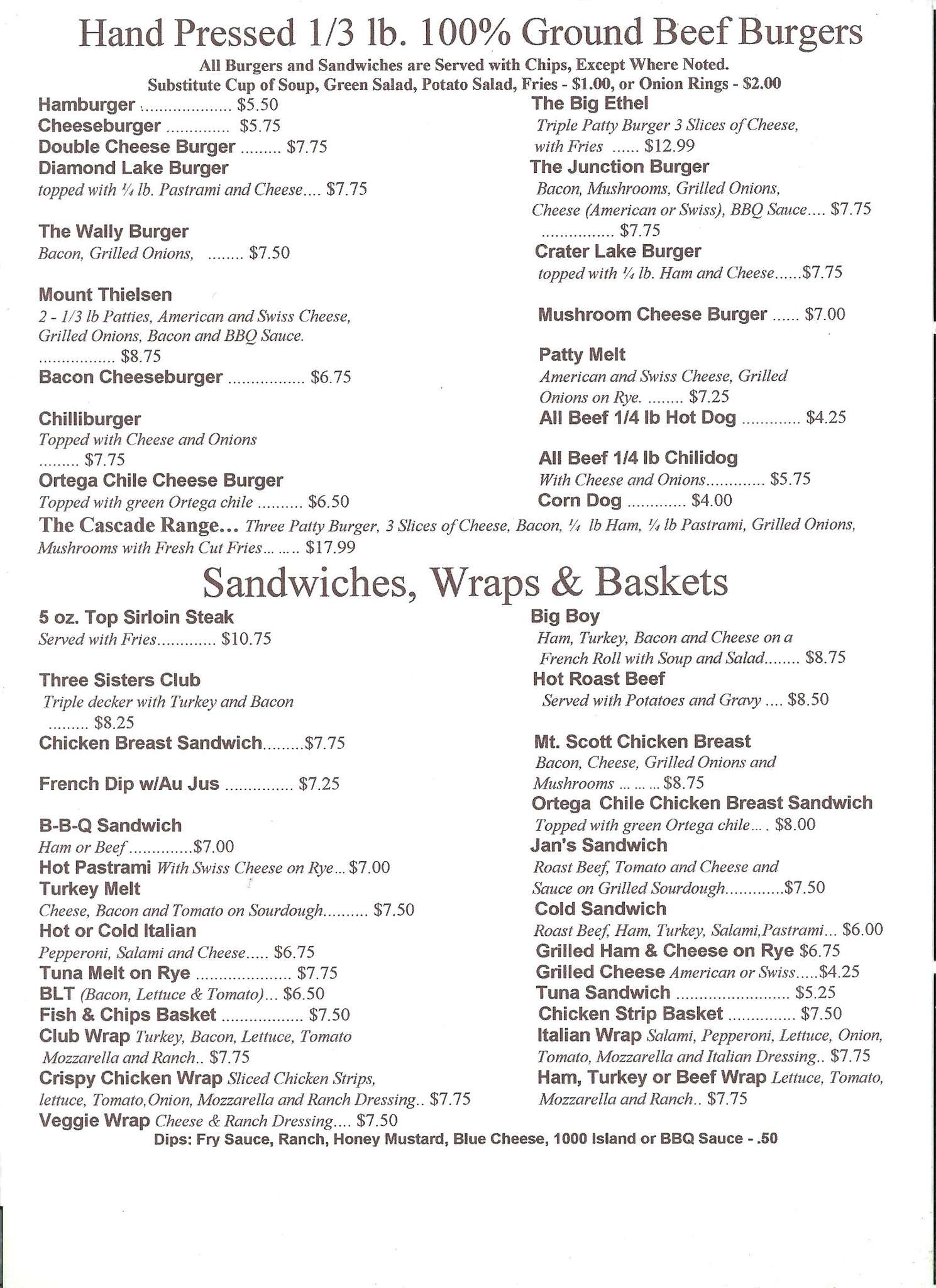 Menu at Diamond Lake Junction Cafe, USA, US-97