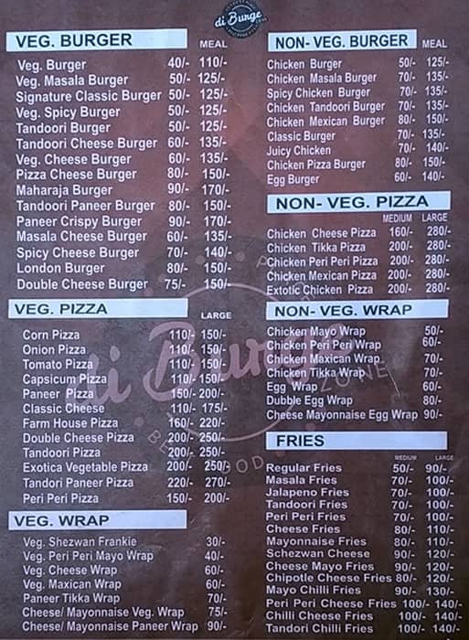 Menu of Di Burger Zone, Bhayandar, Mumbai