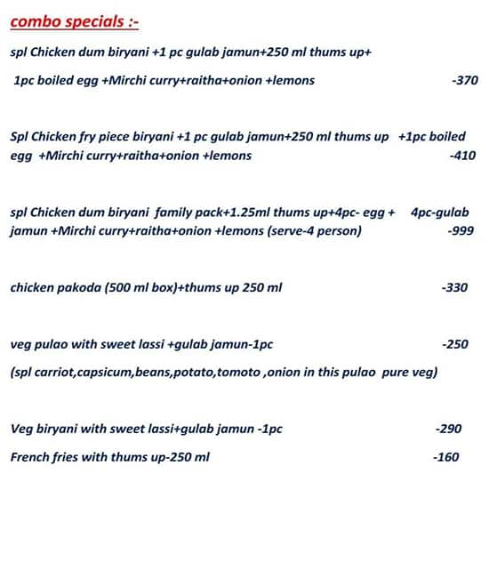 Menu of Kohinoor Biryani, Nizampet, Hyderabad