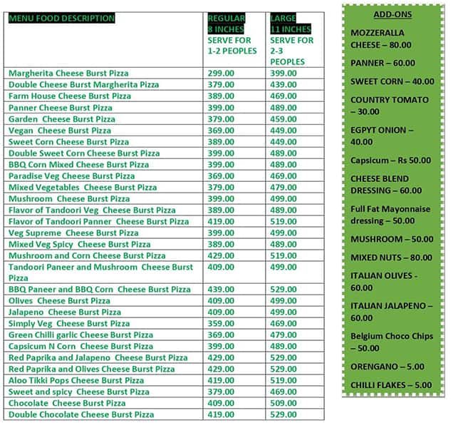 Menu of Cheese Burst, Chengalpattu, Chennai