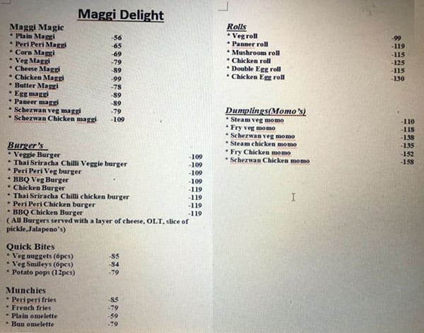 Menu of Maggi Delights, HSR, Bangalore