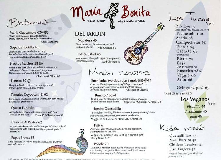 Menu of Maria Bonita, Umm Suqeim, Dubai