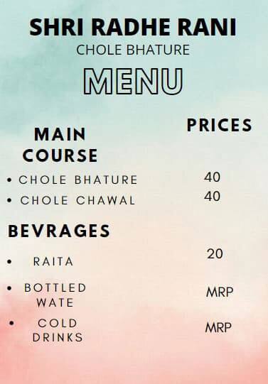 Menu of Shri Radhe Rani Restaurant, Pushpanjali, New Delhi