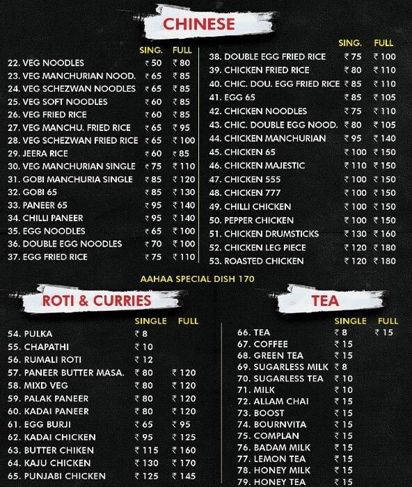 Menu at Aahaa Food Court, Hyderabad