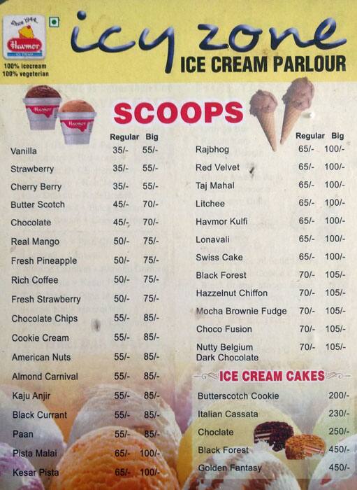 Menu at Icy Zone, Mumbai