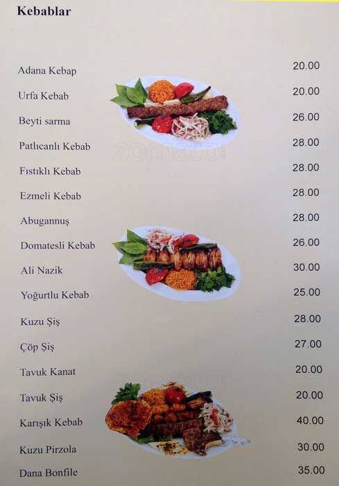 Menu at Sef Kebap restaurant, Istanbul, Ali Sami Yen Sokak