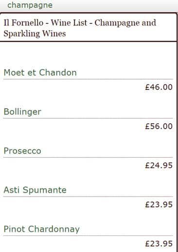 Menu at Il Fornello restaurant, London
