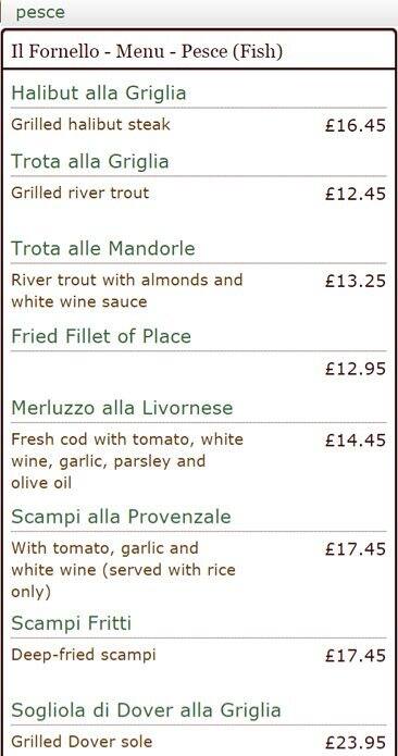 Menu at Il Fornello restaurant, London