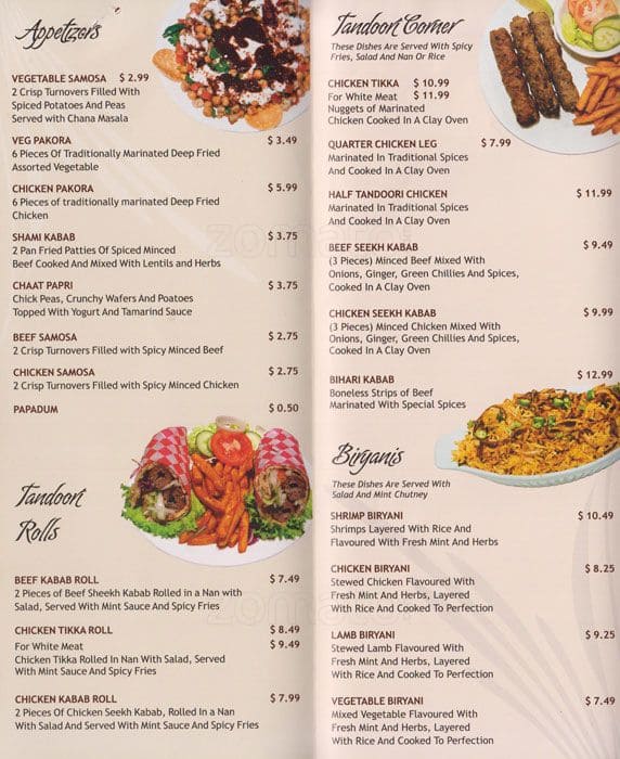 Menu au Tandoori Time restaurant, Mississauga, 848 Burnhamthorpe Rd W