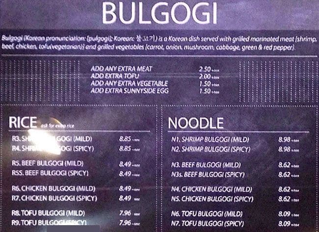 Menu at Bob's Bulgogi restaurant, Toronto