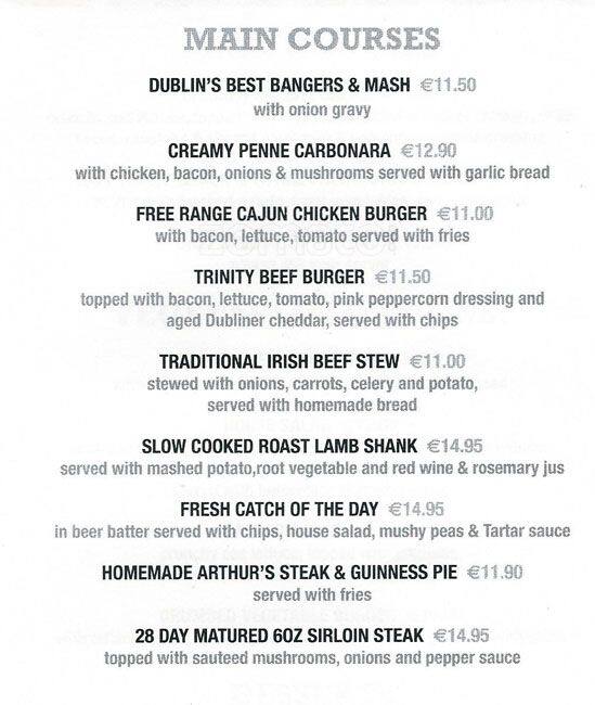 Menu at Trinity Bar & Venue, Dublin