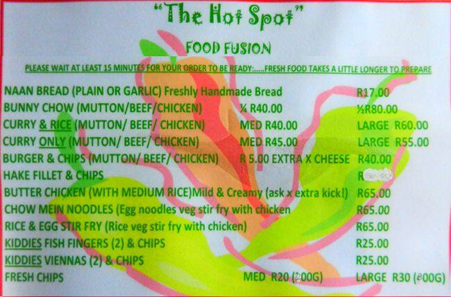 Menu at The Hot Spot restaurant, Richards Bay, Shop 4