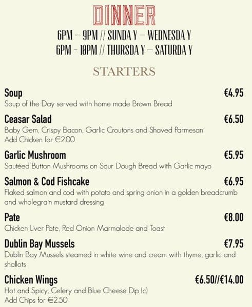 Menu at The Mercantile Hotel pub & bar, Dublin