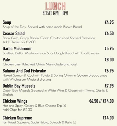 Menu at The Mercantile Hotel pub & bar, Dublin