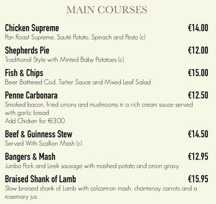 Menu at The Mercantile Hotel pub & bar, Dublin