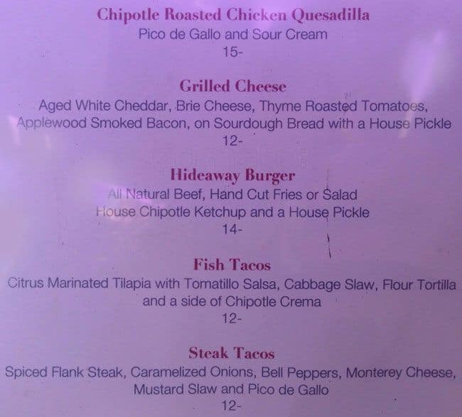 Menu at The Hideaway Tribeca pub & bar, New York City, 185 Duane St A