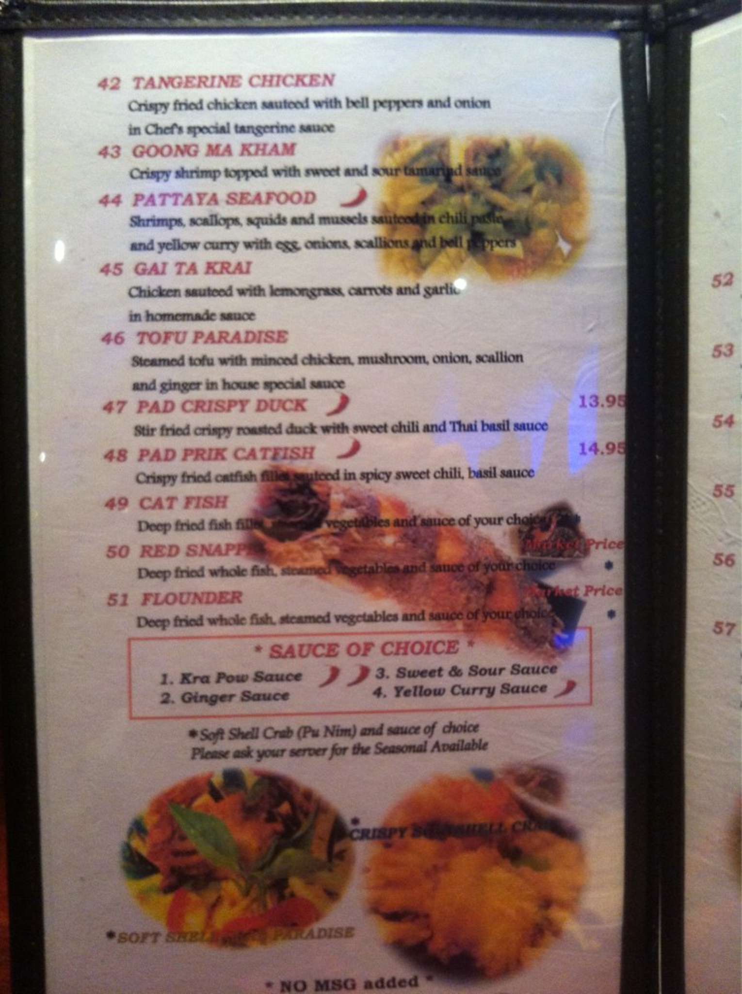 Menu at Bangkok Thai restaurant, Washington