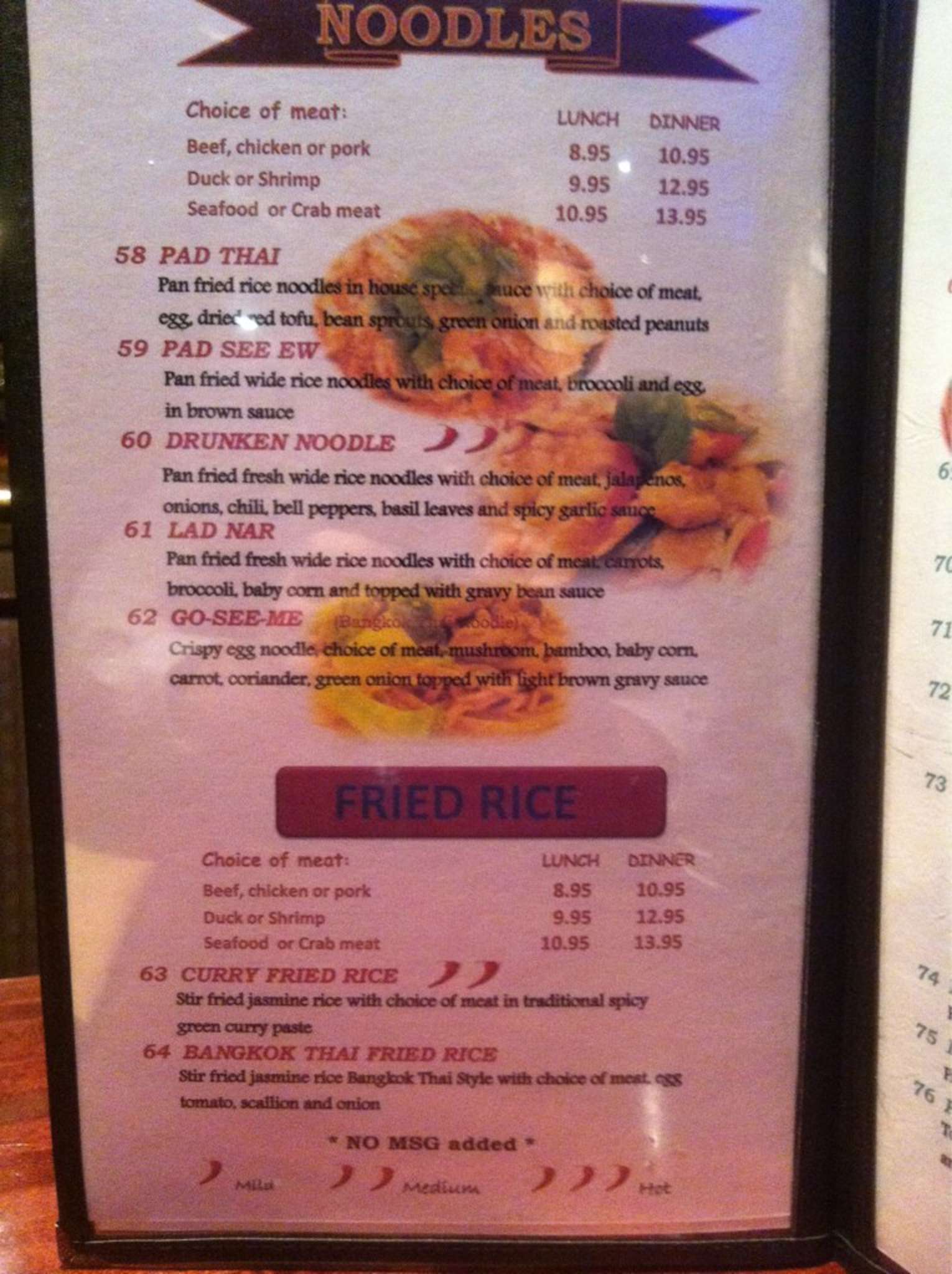 Menu at Bangkok Thai restaurant, Washington