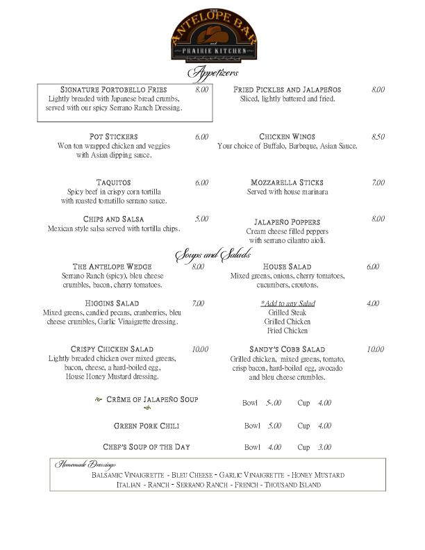 Menu at The Antelope Bar and Paisley Shawl Restaurant, Glenrock