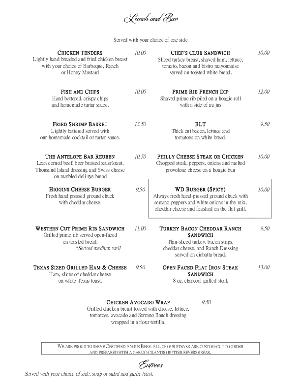 Menu at The Antelope Bar and Paisley Shawl Restaurant, Glenrock