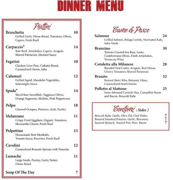 Menu at osteria celli pub & bar, Fort Myers
