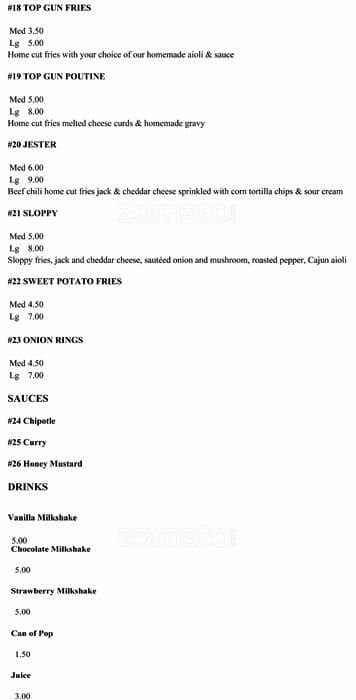 Menu at Top Gun Burger restaurant, Toronto, 251 Augusta Ave