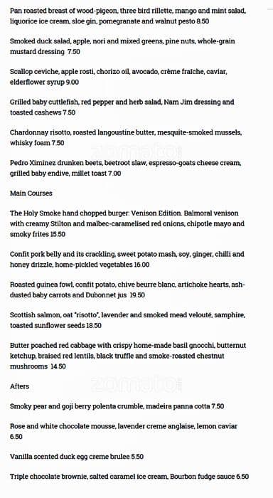 Menu at Holy Smoke restaurant, London
