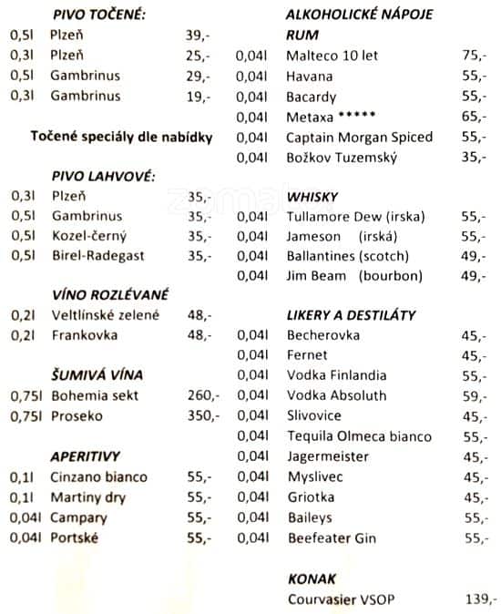Menu at Restaurace Ohrada restaurant, Prague