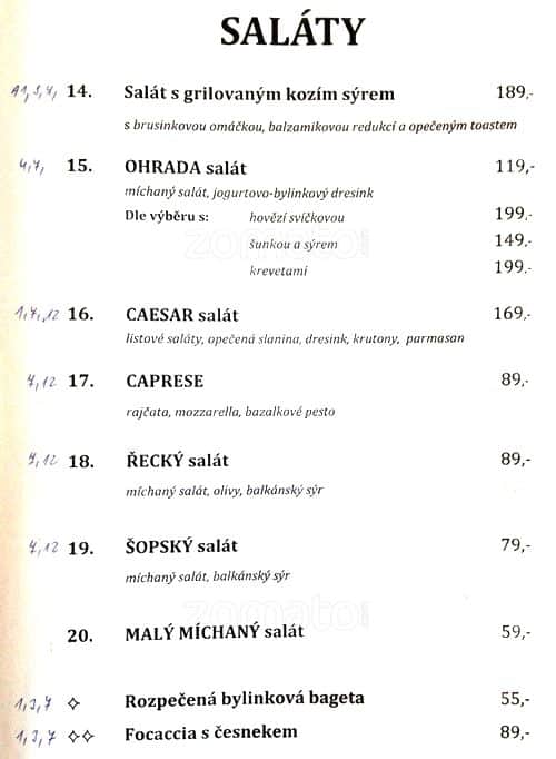 Menu at Restaurace Ohrada restaurant, Prague