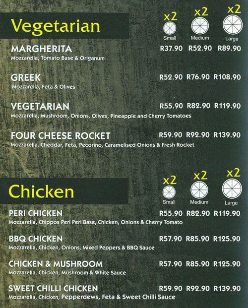Menu at Chippos Ilanga restaurant, Nelspruit