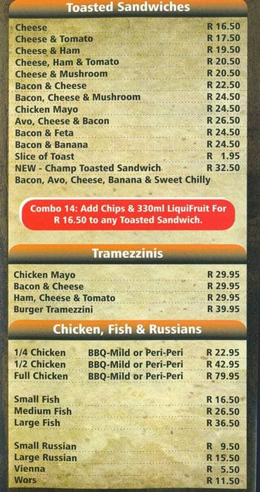 Menu at Chippos Ilanga restaurant, Nelspruit