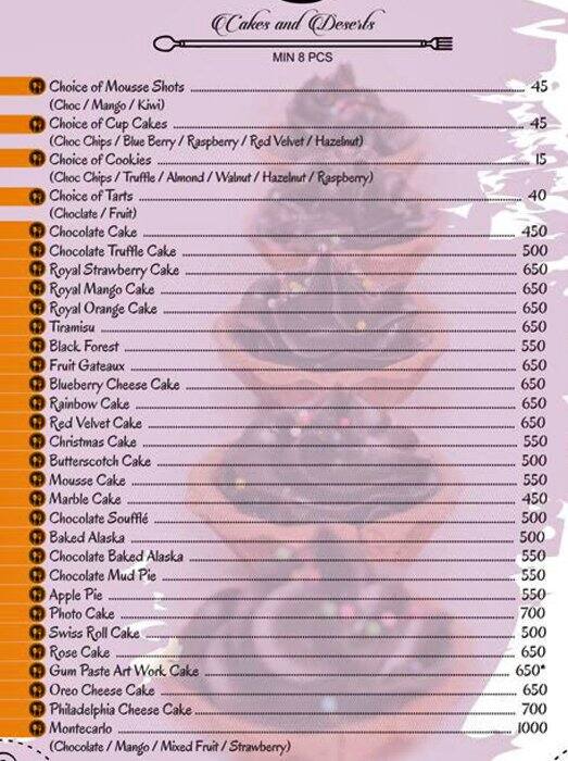 Menu at Pasticceria, Kolkata