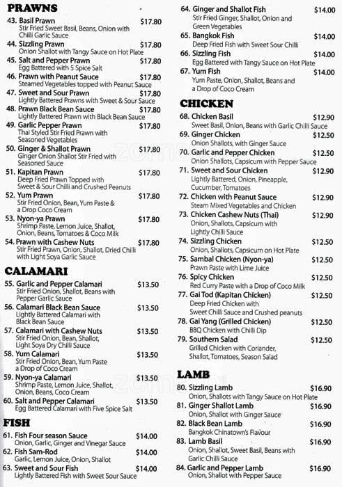 Menu at Yoki Thai restaurant, Runaway Bay