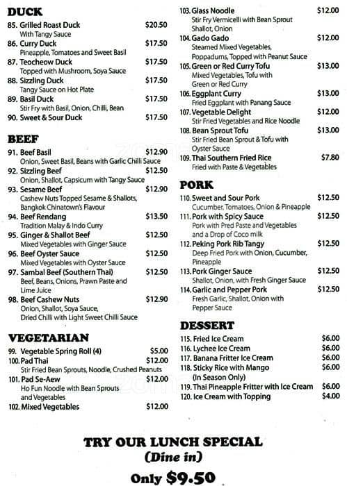 Menu at Yoki Thai restaurant, Runaway Bay
