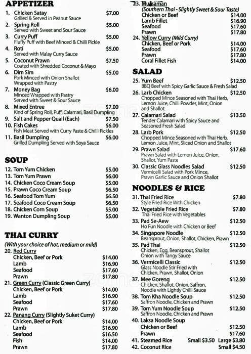 Menu at Yoki Thai restaurant, Runaway Bay
