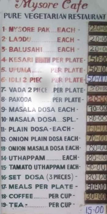 Menu of Mysore Cafe, India Gate, New Delhi