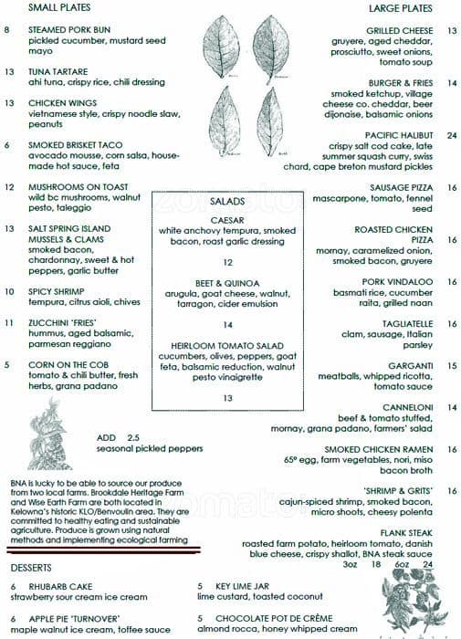 Menu at BNA Brewing Co. pub & bar, Kelowna