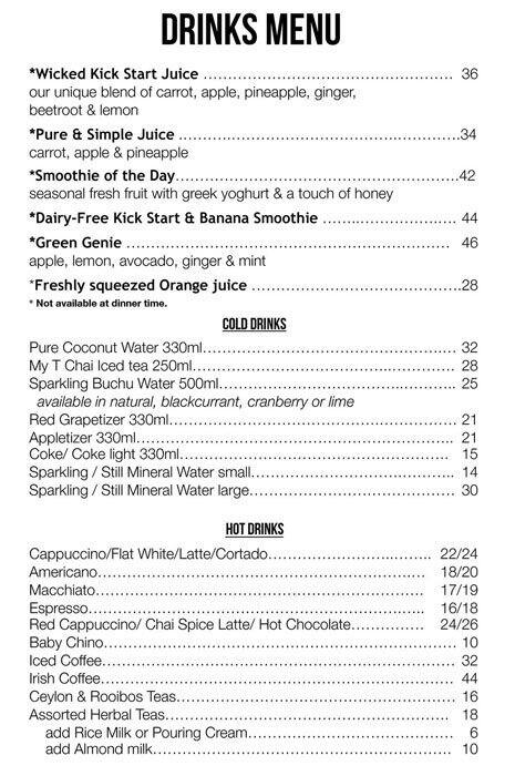 Menu at The Village Hub restaurant, Cape Town