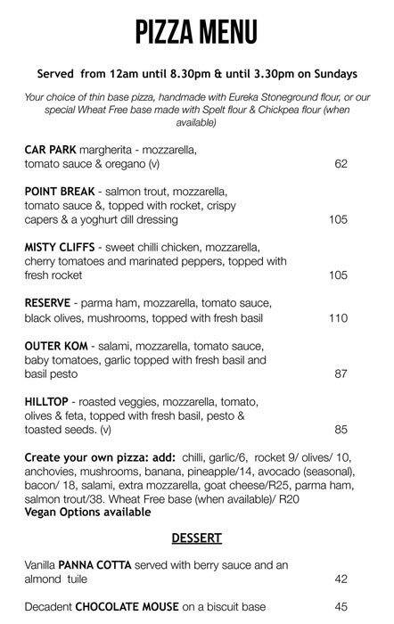 Menu at The Village Hub restaurant, Cape Town
