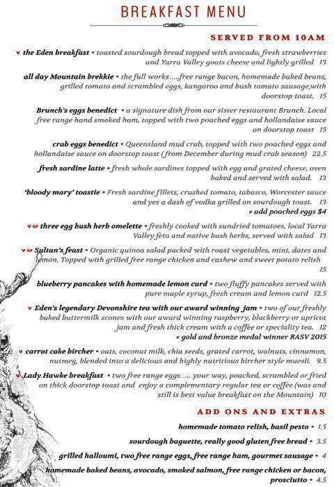 Eden Menu, Menu for Eden, Mount Dandenong, Melbourne - Urbanspoon/Zomato