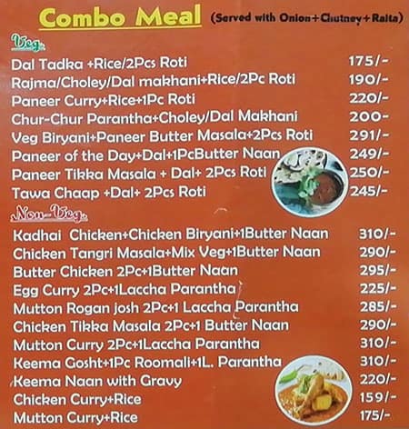 Menu at Moti Mahal, Dehradun