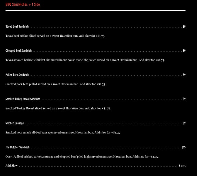 Menu at Brett's BBQ Shop, Houston