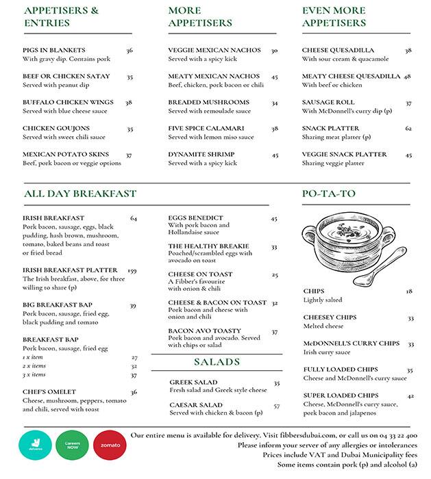 Menu of Fibber Magee's, Trade Centre Area, Dubai