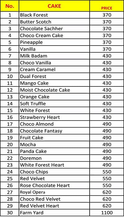 Menu of Monginis Cake Shop, Phulwari Sharif, Patna