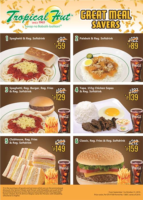 Menu at Tropical Hut fast food, San Juan