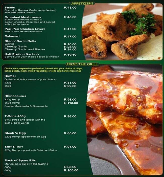 Menu at Rhino's Pub & Grill, Roodepoort, Hercules Close