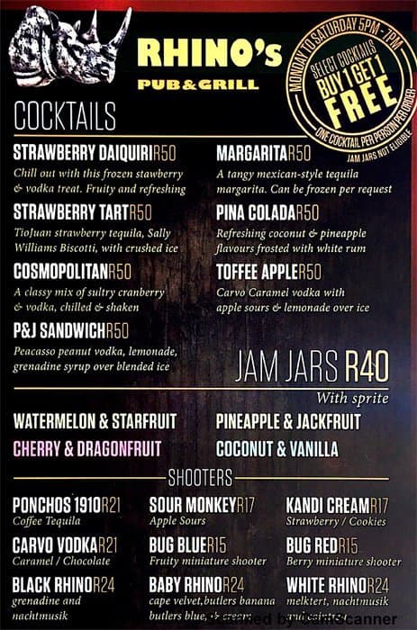 Menu at Rhino's Pub & Grill, Roodepoort, Hercules Close