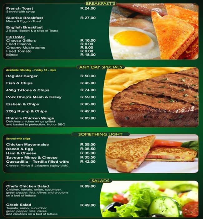Menu at Rhino's Pub & Grill, Roodepoort, Hercules Close
