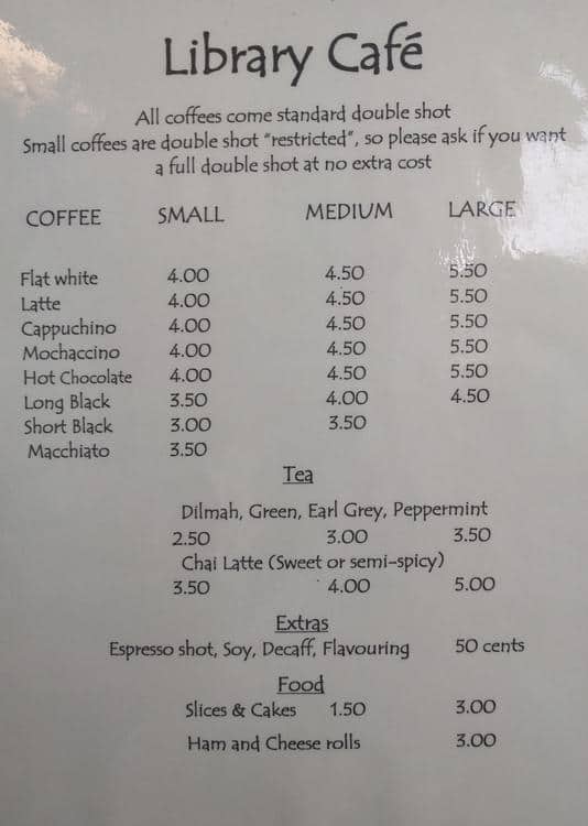 Menu at Library Cafe, Auckland